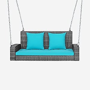 RELAX4LIFE 2-Person Porch Swing Bench - PE Rattan Outdoor Swing Chair with Comfortable Seat & Back Cushions, Rustproof Metal Chains, Patio Loveseat Swing for Balcony, Garden, Yard, 800 LBS (Turquoise)