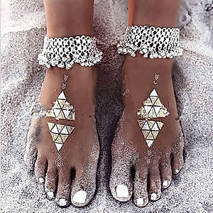 Yokawe Boho Anklets Bracelets Silver Bell Beaded Indian Anklet Chain Tassel Beach Barefoot Sandals Foot Jewelry for Women and Teen Girls（2Pcs）