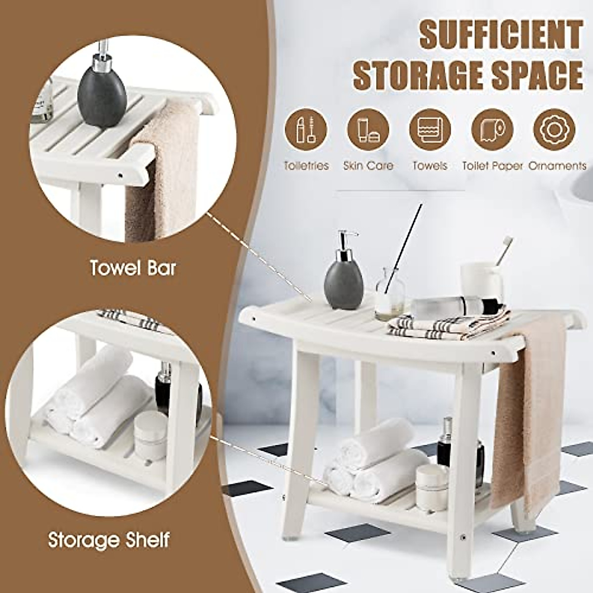 COSTWAY Shower Bench for Inside Shower, Waterproof Shower Seat Stool with Storage Shelf for Shaving Legs and SPA, Bath Shower Chair for Seniors Adults Disabled (Creamy White)