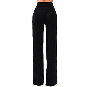 Vivicastle Women's USA Fold Over High Waist Wide Leg Long Palazzo Pants (Large, Solid Black)