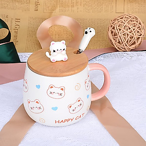 XinHuiGY Cute Animal Coffee Mug with Lid and Spoon, Cute Cow Print Stuff Gifts, Ceramic Tea Cup, Kawaii Cup, Cartoon Coffee Cup gift for Women Office and Personal Birthday Christmas 480ml (Cat)