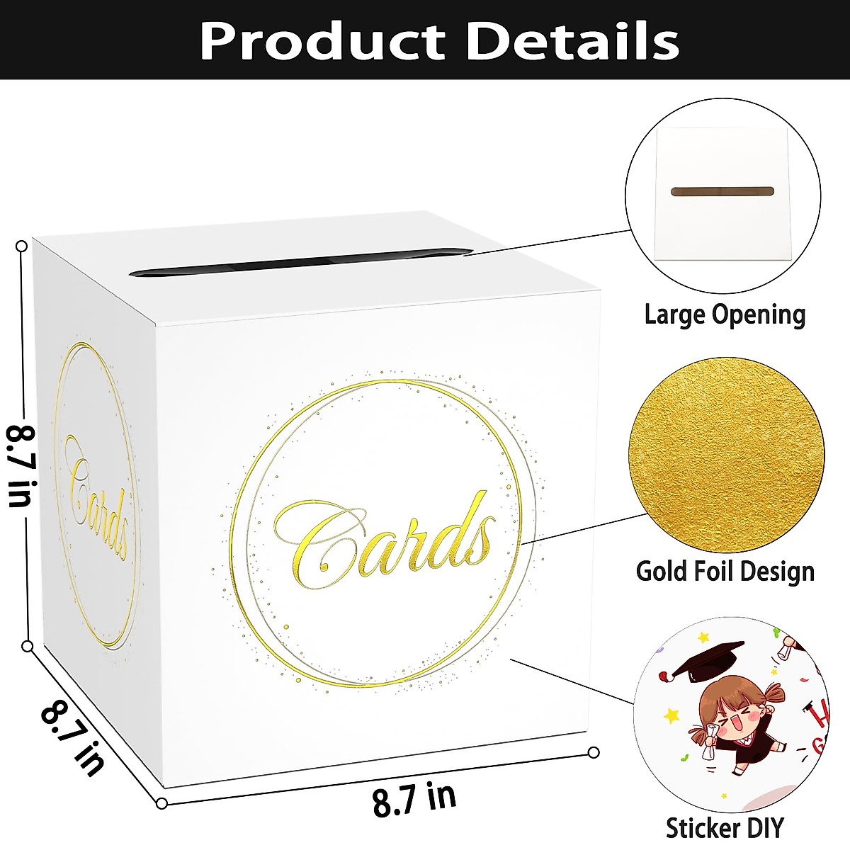 White Card Box for Party, 8.7" Circle Gold Foil Design Gift Cards Receiving Box Holder for Wedding, Bridal Shower, Graduation, Birthday, Retirement, Baby Shower, Anniversaries Party Decorations