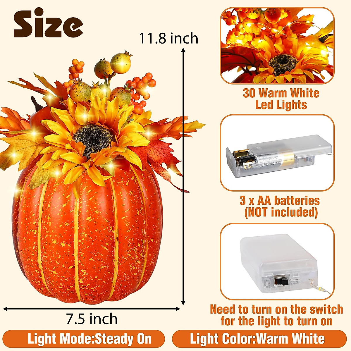 Roseeyo 11 Inch Lighted Pumpkin Decor, Thanksgiving Decorations Artificial Pumpkin with 30 LED Lights 9 Maple Leaves 2 Pumpkins 2 Berry Stems Sunflower Straw, Autumn Pumpkin Home Table Decorations
