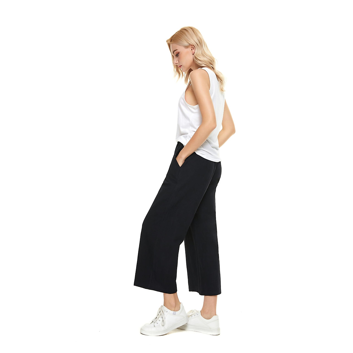 LNX Womens High Waisted Capri Pants 100% Linen Wide Leg Drawstring Flowy Comfy Crop Pants Black