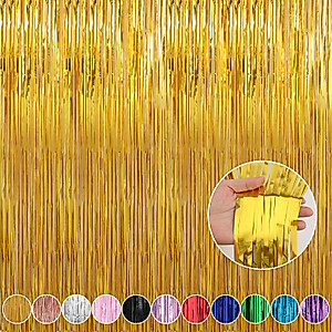 Crosize 4 Pack 3.3 x 8.2 ft Gold Foil Fringe Curtains Party Decorations, Gold Tinsel Curtain Backdrop for Parties, Door Streamers, Glitter Streamer Fringe Backdrop for Birthday Decoration