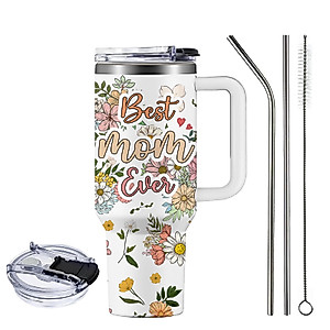 Gifts for Mom, Best Mom Ever Tumbler 40oz with Handle and Straw, Mama/Mom Gifts From Daughter Son, Mom Birthday Gifts, Mothers Day Presents Ideas, Christmas Gifts for Best Mom Ever Mug, Flower