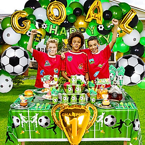 HJINGY 280 PCS Soccer Party Decorations, Soccer Themed Birthday Party Supplies Includes Soccer Balloons, Curtains, Happy Birthday Banner, Tablecloth, Plates, Napkins, Cake Toppers for Boys Sport Party