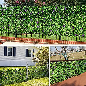 Betterhood Expandable Fence Privacy Screen, 4 Pack Decorative Faux Ivy Greenery Fencing Panel for Balcony Patio Outdoor, Artificial Hedges Screen, Purple Flower (Single Sided Leaves)
