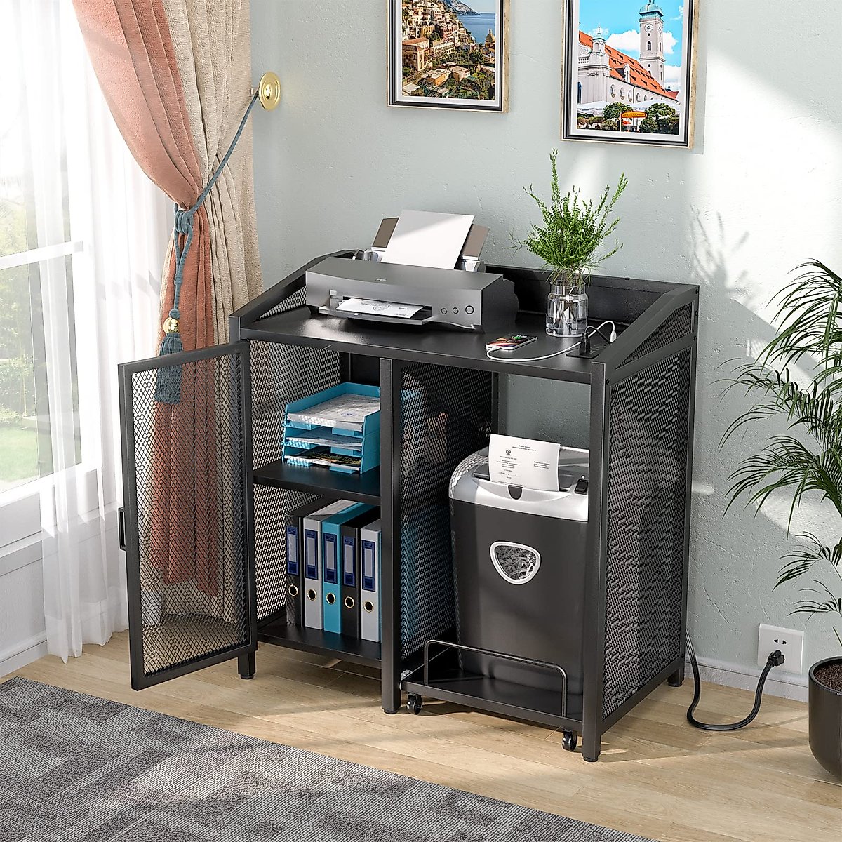 Unikito File Cabinet with Paper Shredder Stand On Wheel, Modern Vertical Filing Cabinet with Socket and USB Charging Port, Large Printer Stand with Adjustable Storage Shelf Rack for Home Office, Black