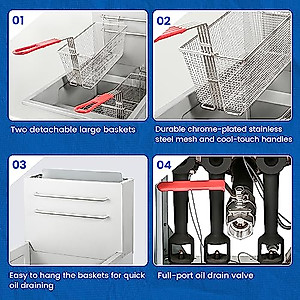 WMAOT 50 lbs Capacity 200-400°F Gas Floor Fryer, 3 Tube Commercial Deep Fryer with 2 Baskets, Restaurant Stainless Steel Natural Gas Upright Fryer, Deep Floor Fryer 90,000 BTU