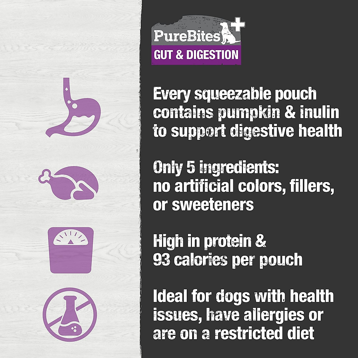 PureBites+ Gut & Digestion Squeezables for Dogs, only 5 Ingredients, case of 15