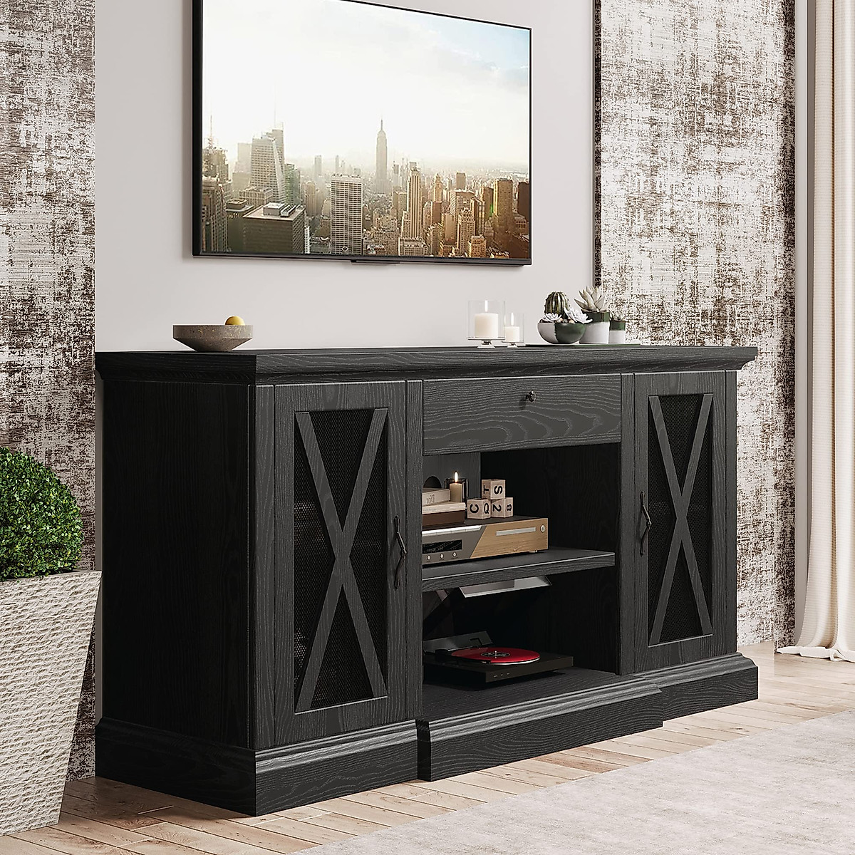 IDEALHOUSE Black TV Stand for 65+ Inch TV, Entertainment Center TV Media Console Table, Farmhouse TV Stand with Storage, Barn Doors and Shelves, Modern Tall TV Console Cabinet Furniture for Livingoom