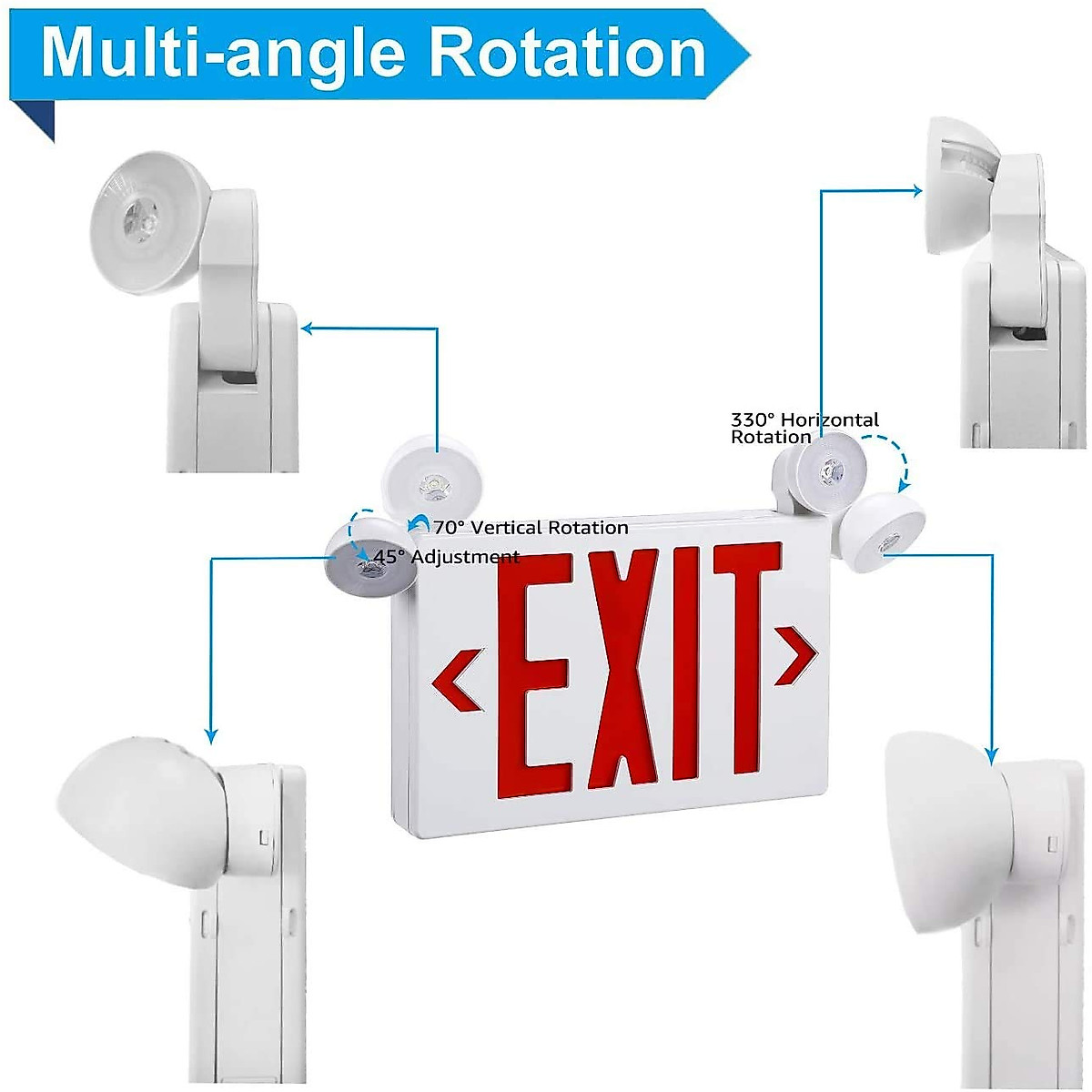 EXITLUX 2 Pack Red Led Exit Sign with Emergency Lighting Battery Backp -Two LED Adjustable Head -120V/277V-UL Listed-Exit Lighting -Dual LED Lamp ABS Fire Resistance for Power Failure.