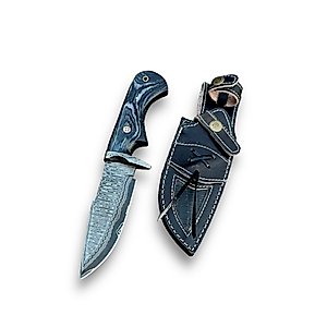 LYN-Handmade Damascus Steel Hunting Knife with Sheath Fixed Blade Damascus Hunting Belt Knife for Camping Ideal for Skinning, Camping, Outdoor - EDC Fixed Blade Bushcraft Knife Ergonomic Black wood Handle | Cool Knives For Men Tactical