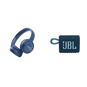 JBL Tune 510BT Wireless On-Ear Headphones with Purebass Sound + JBL Go 3 Portable Bluetooth Speaker - Blue