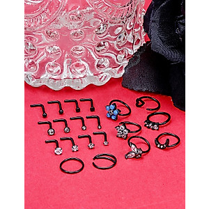 Vsnnsns 18G Nose Rings for Women Surgical Steel Nose Rings Hoops L Shaped Nose Studs Nose Hoop Rings 1.5mm 2mm 2.5mm 3mm Diamond CZ Nose Ring Nose Piercing Jewelry Black 20Pcs