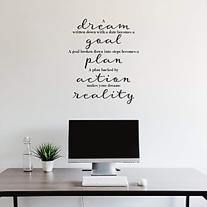 Vinyl Wall Art Decal - A Dream, A Goal, A Plan, Action, Dreams Reality - 26.5" x 22" - Trendy Inspirational Positive Mind Change Quote Sticker for Bedroom Playroom Office School Store Decor (Black)