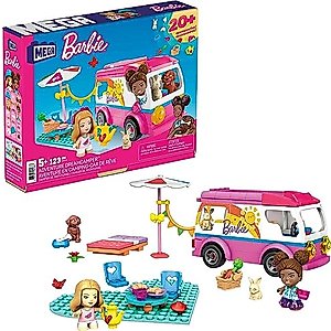MEGA Barbie Camper Building Toy Vehicle Playset, Adventure DreamCamper with 123 Pieces, 2 Micro-Dolls, Accessories, Pets and Furniture