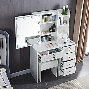 Dradaomull Modern Vanity Table with Chair and Charging Station, White Makeup Dressing Table with Large Mirror 10 Bulbs Dresser Desk for Women Girls
