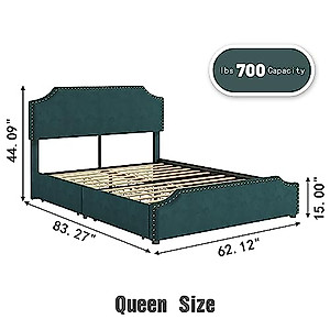 bzbbzc Queen Size Velvet Upholstered Platform Bed Frame with 4 Storage Drawers and Headboard, Rivet Curved Adjustable Headboard/Strong Wooden Slats/Easy Assembly/Green