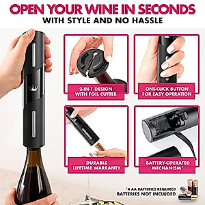 VINABON Electric Wine Opener - New 2023 Battery-Operated Electric Wine Bottle Opener with Wine Foil Cutter - One-Click Reusable Automatic Electronic Wine Opener Corkscrew. Includes WineGuide Ebook