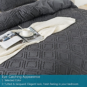 Lamourbear Jacquard & Tufted Geometric Grey Duvet Cover Queen Size Bedding Set, Soft, All Seasons, with Double-end Sliders Zipper Closure, 8 Ties, 3 Pieces (2 Pillowcase, 1 Duvet Cover), Q Dark Grey