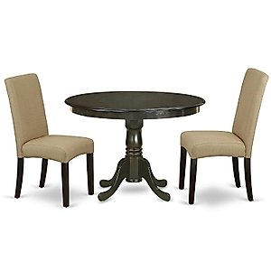 East West Furniture HLDR3-CAP-03 3 Piece Dining Room Table Set Contains a Round Dining Table with Pedestal and 2 Brown Linen Fabric Upholstered Parson Chairs, 42x42 Inch, Cappuccino