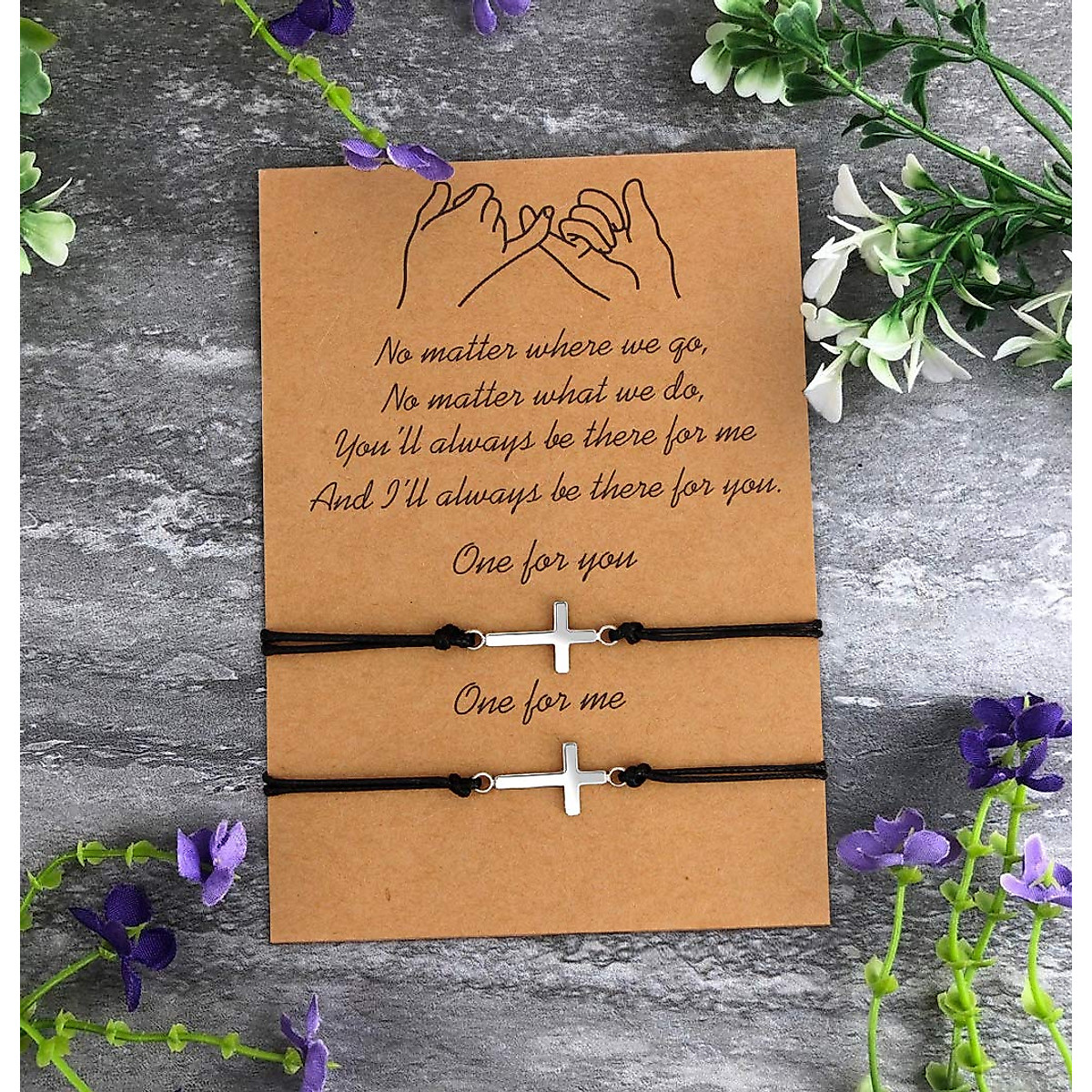 Me&Hz Pinky Promise Silver Cross Matching Friendship Couples Strand Bracelets for Women Girls Men Best Friends Boyfriend Girlfriend Adjustable Leather Cross Bracelet 2 Pack