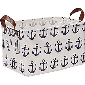 Sea Team Large Size Canvas Storage Bin Collapsible Shelf Basket Toy Organizer with Nautical Anchor Pattern, 16.5 by 11.8 inches, Navy Blue