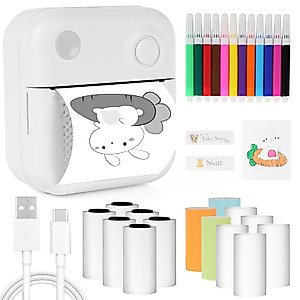 Mini Portable Printer, Bluetooth Sticker Printer Machine, Portable Inkless Printers Compatible with Android and ios, Printable Photos, Lists, Memo, QR Codes, Notes(14 Roll Paper+12 Colored Pens)