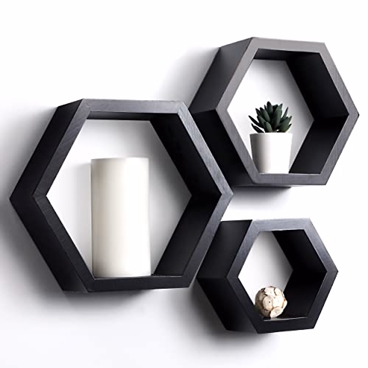 Set of 3 Pine Wood Hexagon Shelves for Wall Decor - Farmhouse Honeycomb Shelves for Living Room Decor, Kitchen Storage, Wall Mount Rustic Boho Shelves