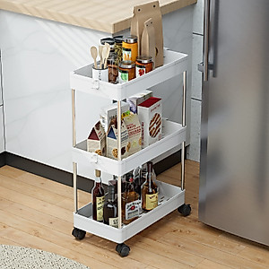 OTK Storage Cart 3 Tier Mobile Shelving Unit Organizer, Utility Rolling Shelf Cart with Wheels for Bathroom Kitchen Bedroom Office Laundry Narrow Places, White