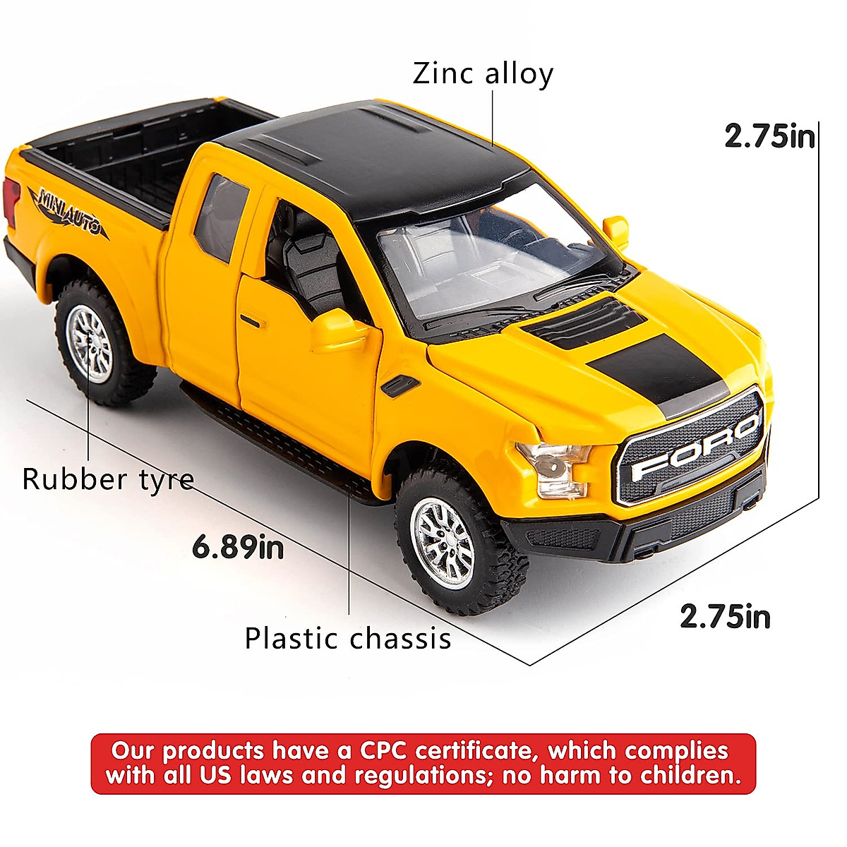 BDTCTK Compatible for 1:32 Ford Raptor F150 Pickup Truck Car Model, Diecast Pull Back Car Toy Car with Sound and Light for Kids Boy Girl, Metal Body, Yellow