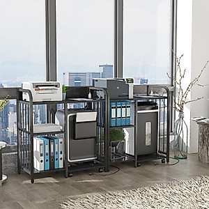 Printer Stand with Storage & Charging Station, Under Desk Printer Stand for Home Office, 3-Tier Printer Table for Home Office with Rolling Shredder Stand, Printer Stand with File Cabinet, Black