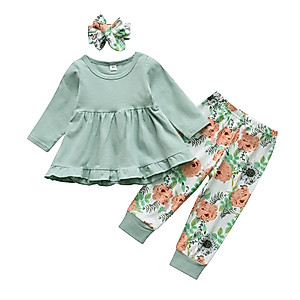 Kulcerry Toddler Baby Girl Clothes Solid Color Long Sleeve Ruffle Tops Floral Pants Headband Outfits Set (12-18 Months, Green