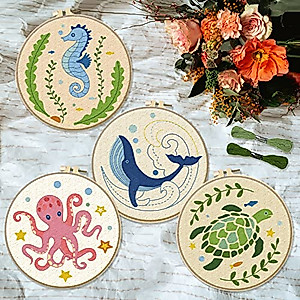 INFUNLY 4 Sets Embroidery Kit for Beginners with Sea Animals Pattern DIY Embroidery Kit for Adults Ocean Embroidery Art Kit Cross Stitch Kit for Adults with Plastic Embroidery Hoops Threads Needles