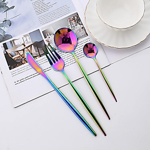 Uniturcky 24 Piece Hanging Flatware Set, Colorful Stainless Steel Household Tableware Set with Rack, Cutlery set for 6 with Holder, Mirror Polished Rainbow Silverware Sets, Include Knife Fork Spoon