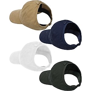 Jiuguva 4 Pack Backless Ponytail Caps Baseball Caps High Messy Bun Baseball Hats for Women Adjustable(White, Army Green, Khaki, Navy Blue)