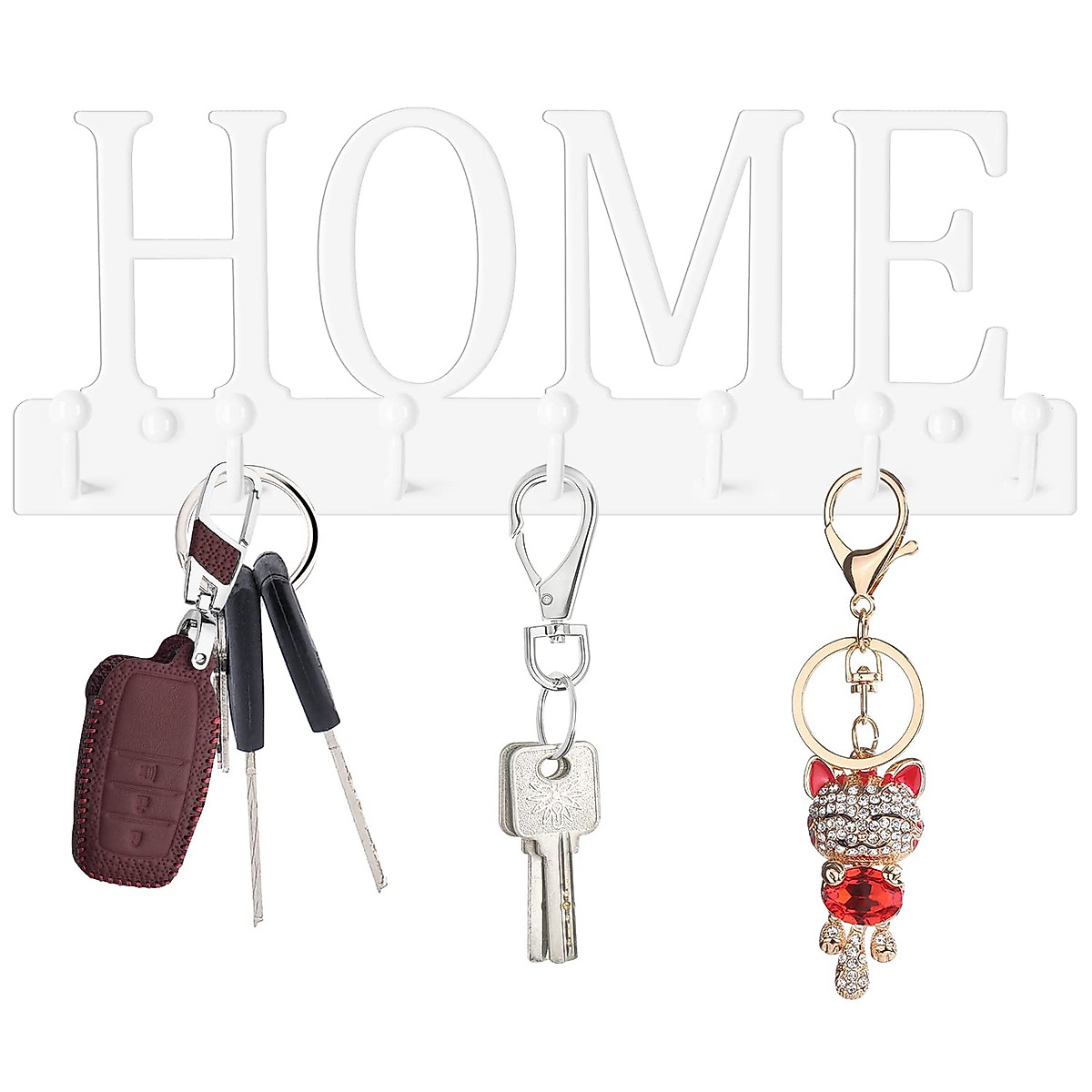 HLWDFLZ Key Holder for Wall - Wall Mounted Key Hangers with 7 Key Hooks, Wall Decorative Organizer Rack for Entryway Mudroom Front Door Kitchen Hallway Office 10 X 4 inches (White Home)