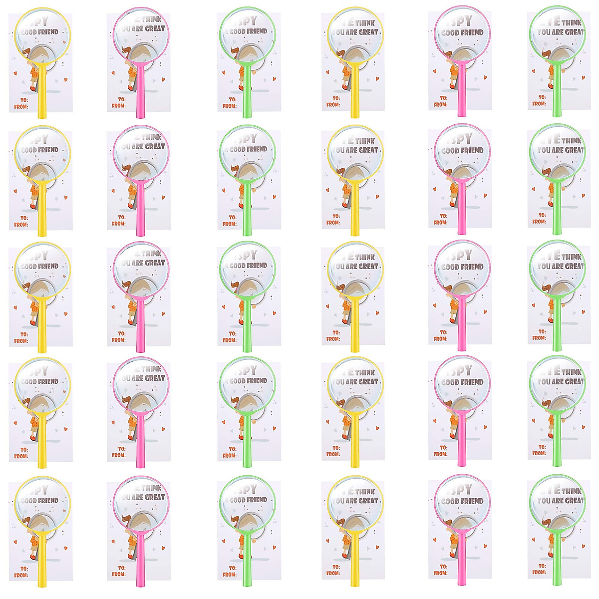 FiGoal 30 Pack Valentines Cards with 30 Colorful Magnifying Glasses in 3 Colors Plus Goodie Bag for Greeting Cards School Classroom Prizes Valentines Party Favors