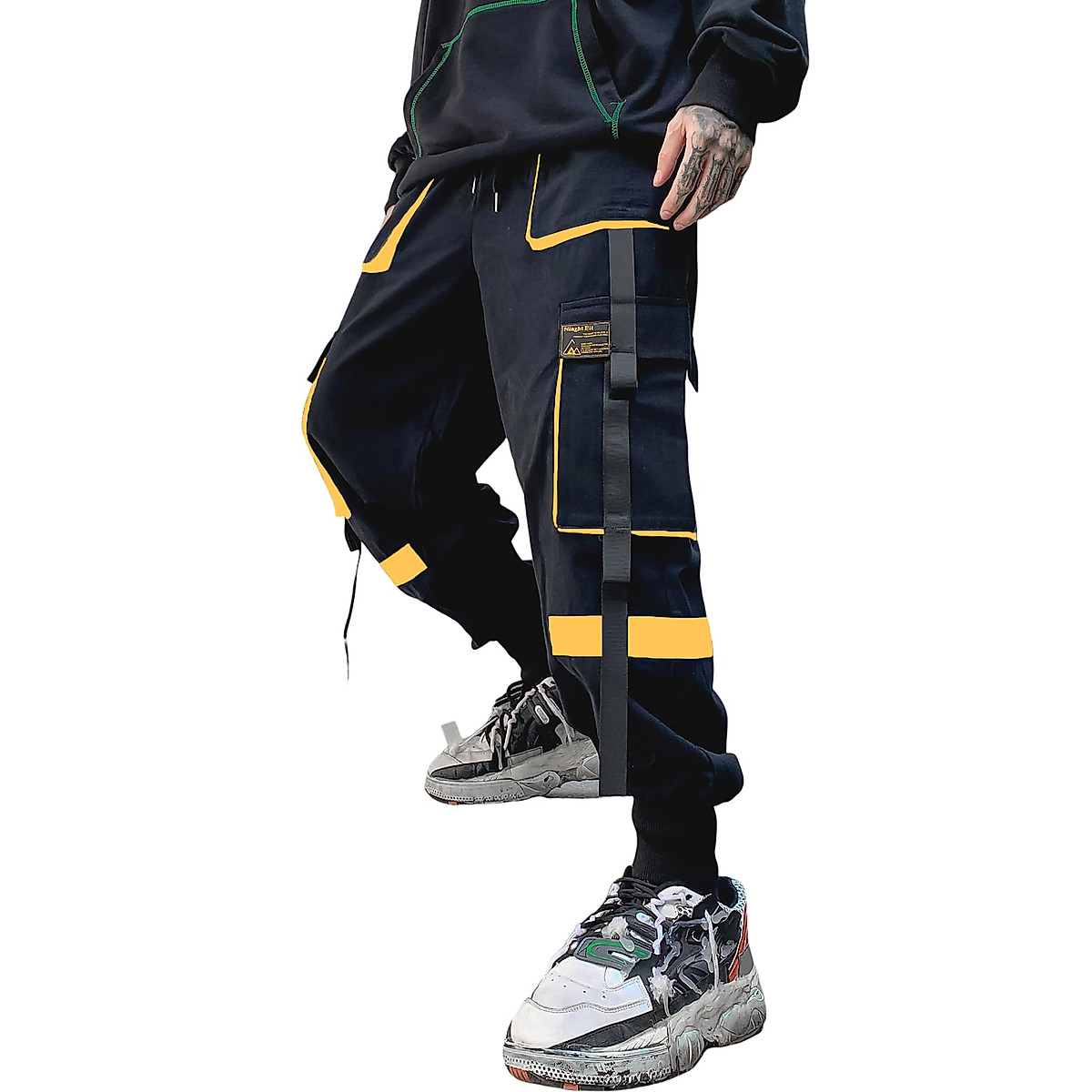 Ambcol Men's Jogger Pants Techwear Hip Hop Harem Pants Streetwear Tactical Track Pants with Drawstring Black-Yellow Medium