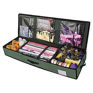 CGBE Wrapping Paper Storage for 40 Inch Gift Wrap Storage Container Bag with Pockets Underbed Gift Wrap Organizer Bags, Wrapping Paper Rolls, Ribbon, and Bows 42W x 14D x 5H -Green (Not Include Gift-Only Bag)