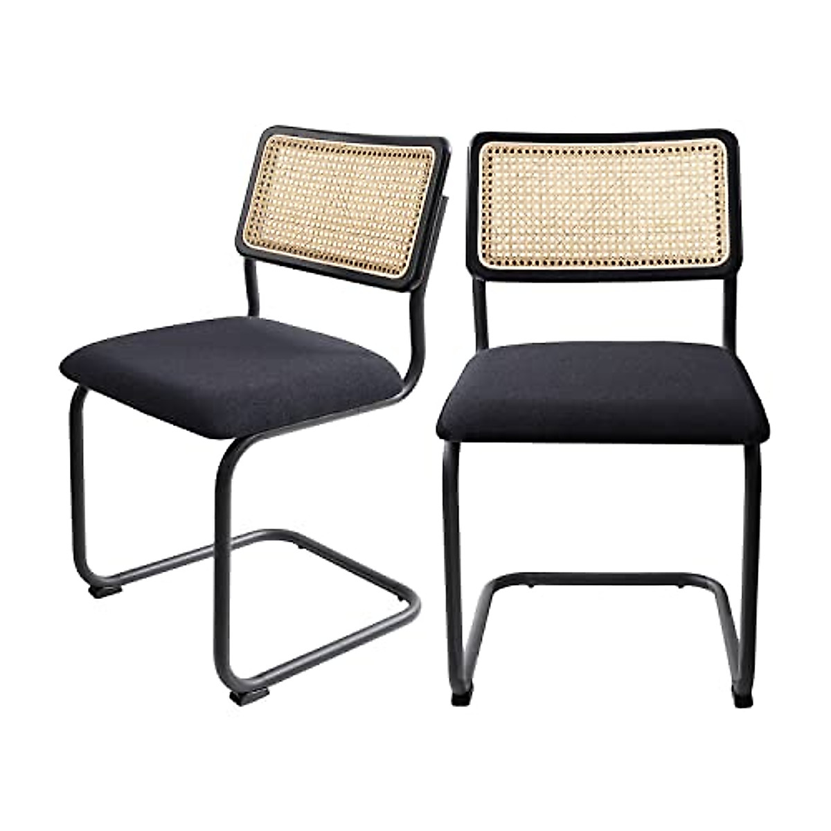 GrandNoor Rattan Dining Chairs,Wooden Mid-Century Modern Kitchen Chairs, Armless Mesh Back Cane Chairs, Upholstered Boucle Chairs with Metal Chrome Legs, Set of 2 (Black, 2PCS-Dining Chairs)