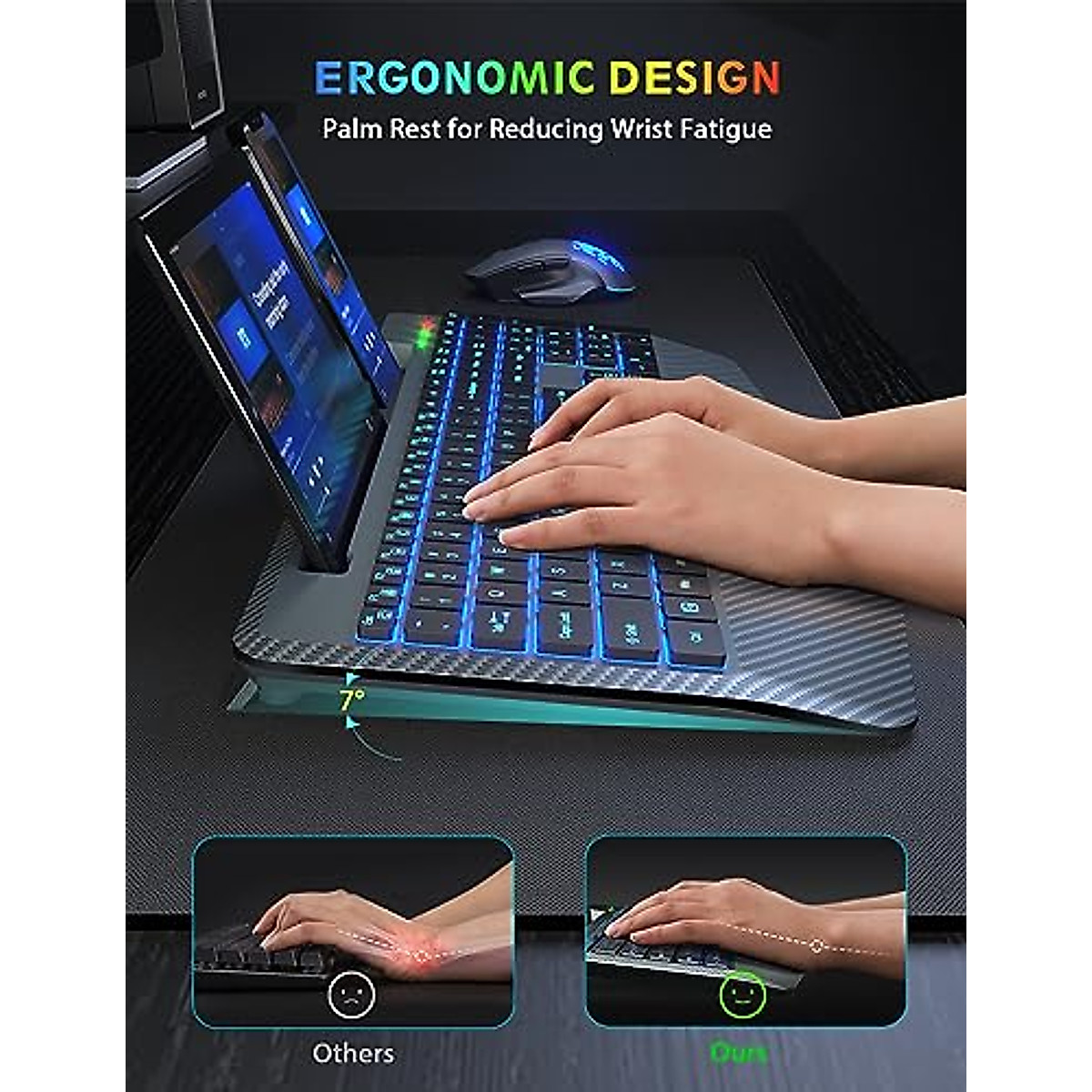Wireless Keyboard and Mouse Backlit, Wrist Rest, Jiggler Mouse, Phone Holder, Ergo Rechargeable Silent Light Up Combo for Computer, Mac, PC, Laptop, Chromebook - by SABLUTE, Gray