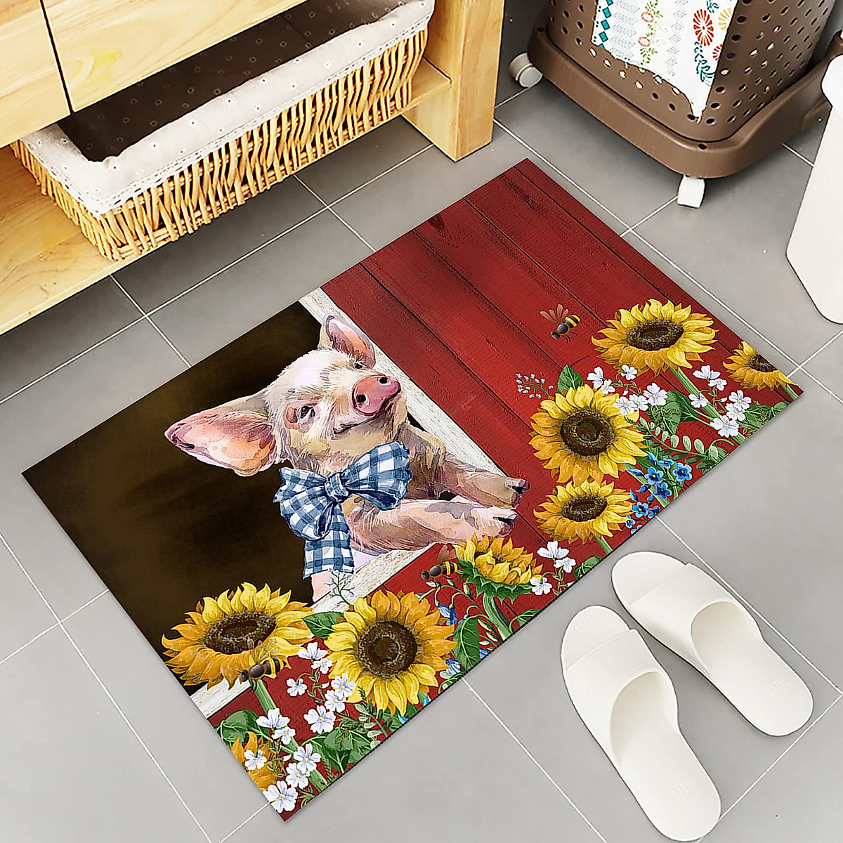 BestLives Kitchen Rug Sets Farmhouse Sunflower Pig 2 Piece Non-Slip Kitchen Mat Rustic Farm Barn Doormat Area Runner Carpet Set Absorbent Bath Floor Mat 15.7x23.6in+15.7x47.2in