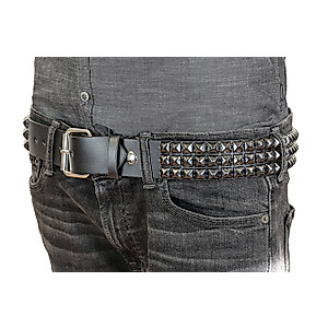 Three Row Black Pyramid Stud Belt Made In USA Genuine Leather Punk Goth Thrash Metal (XXXL-42)
