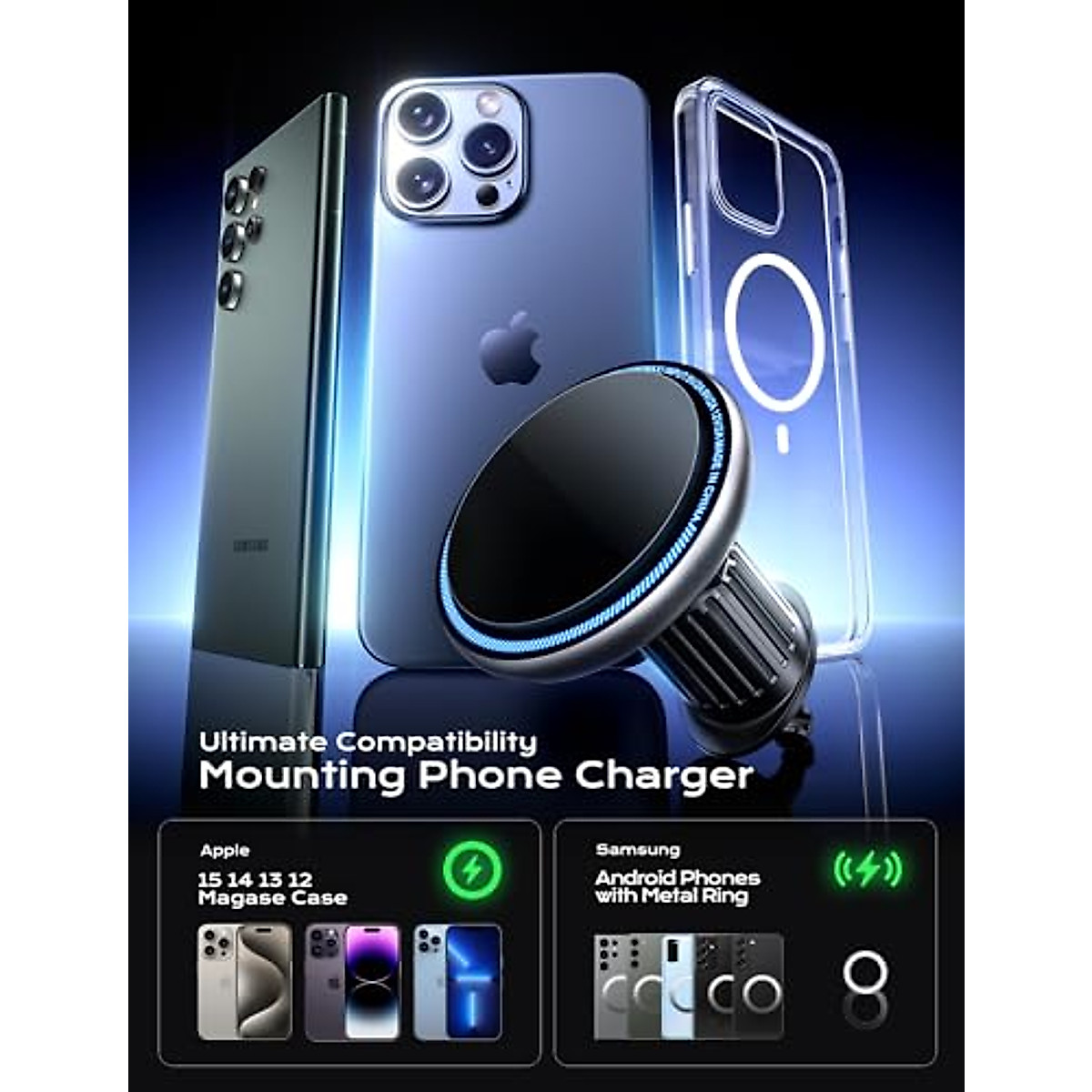 UPTOHIGH Magsafe Car Mount Charger, 15W Fast Charging LED Magnetic Wireless Car Charger, Air Vent Phone Holders for Your Car Magsafe Car Phone Holder for iPhone Samsung Galaxy, Google, Magsafe Case