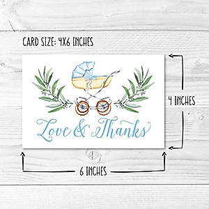 24 Blue Carriage Baby Shower Thank You Cards With Envelopes, Boy Sprinkle Thank-You Note, 4x6 Gratitude Card Gift For Guest Pack, Gender Reveal DIY So Grateful Greenery Vintage Varied Event Stationery