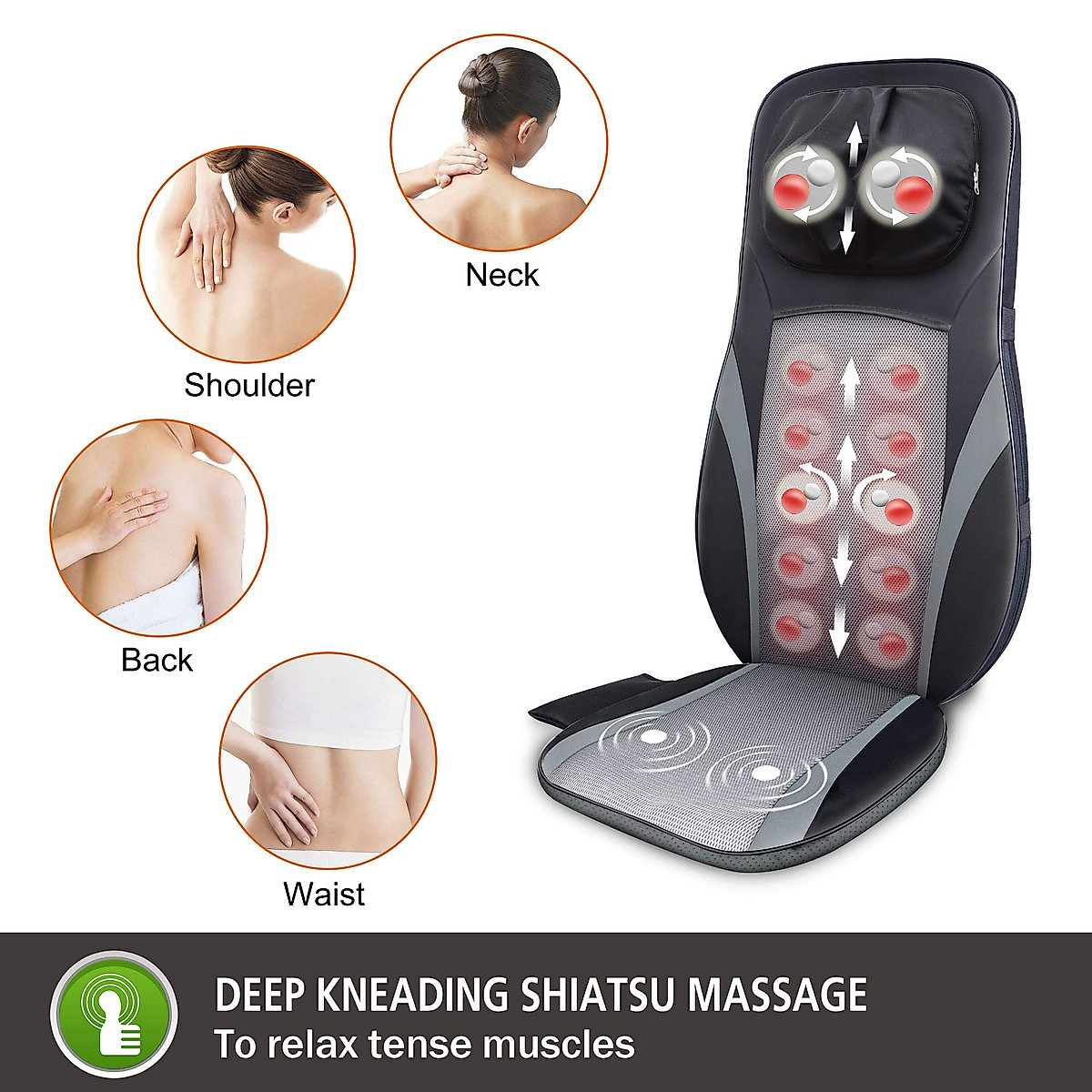 Snailax Shiatsu Neck Back Massager with Heat, Massage Chair pad with Height Adjustment, Full Back Kneading Shiatsu or Rolling Massage, Gifts for Men, Women