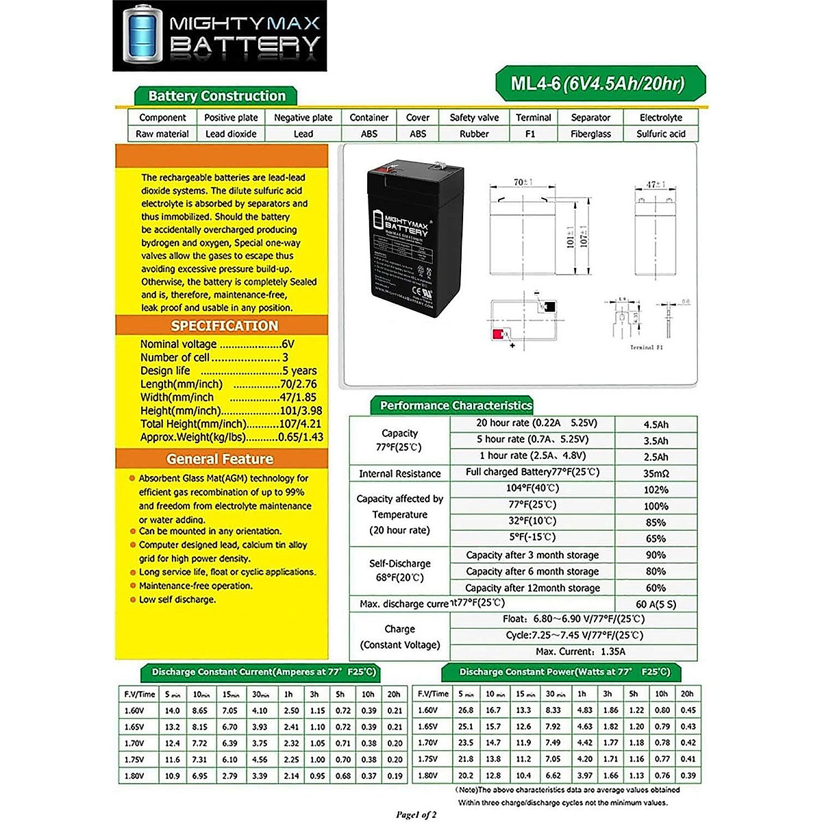 Mighty Max Battery 6V 4.5AH SLA Battery Replacement for Genesis NP4.5-6 - 2 Pack